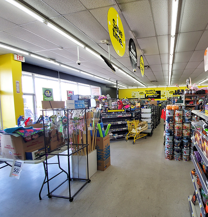 Yellow signage guides shoppers through this retail wonderland, where seasonal items and everyday necessities coexist in budget-friendly harmony.