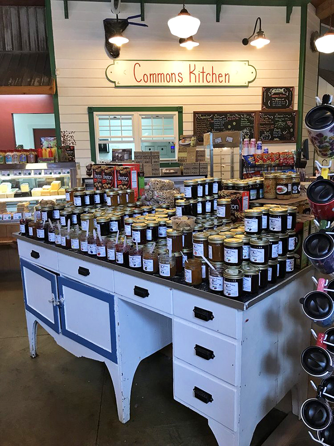 The Commons Kitchen's jam display&mdash;where fruit achieves immortality. Each jar contains summer sunshine, preserved and waiting patiently for your toast.