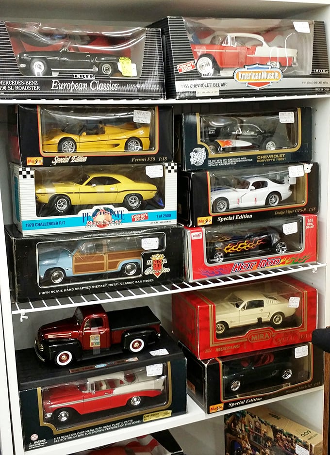 Die-cast dreams in miniature. These model cars represent the automotive fantasies of generations, preserved under plastic in perfect detail.