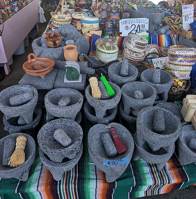 Molcajete magic! These volcanic stone mortars have been pulverizing perfect salsas since before electricity was even a concept.