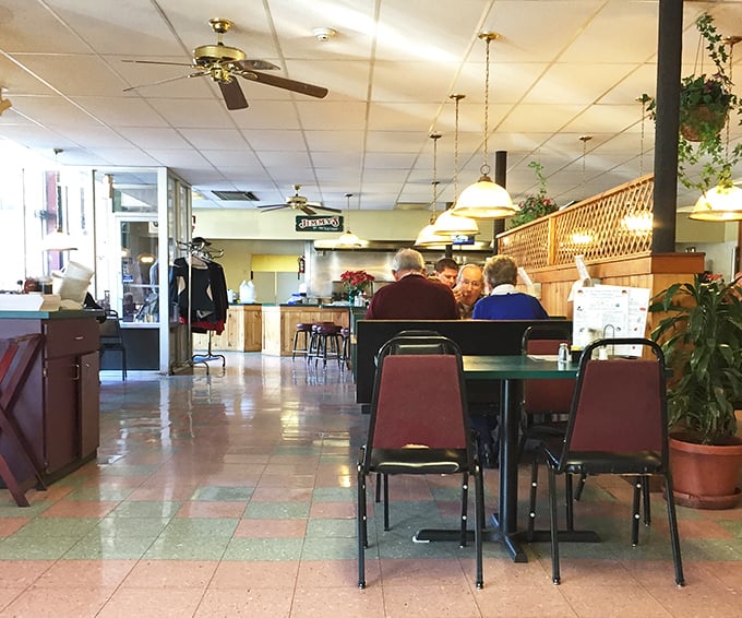The dining room hums with conversation and coffee cups clinking. Those potted plants have heard every local story worth telling.