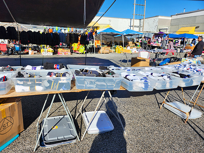Bargain hunting goes outdoors! These sun-drenched tables of merchandise prove that treasure hunting doesn't stop at the building's walls.