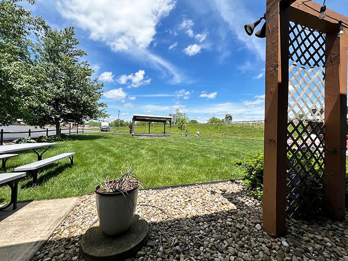 A grassy expanse that whispers of summer gatherings, where picnic tables await the weight of trays laden with smoky treasures.