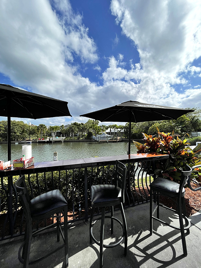 Waterfront dining that reminds you why people move to Florida. Palm trees, boats, and the promise of seafood &ndash; retirement goals visualized.