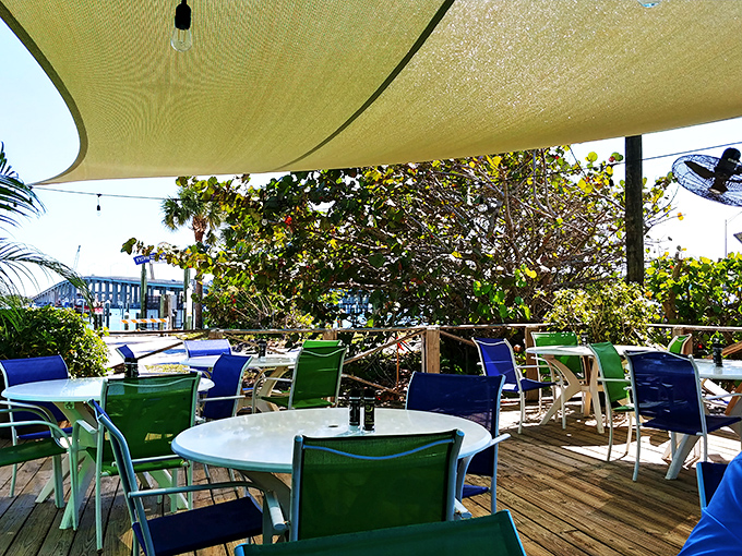 Outdoor seating where the gentle Florida breeze carries salt air to complement your seafood feast&mdash;nature's perfect seasoning for an already perfect meal.