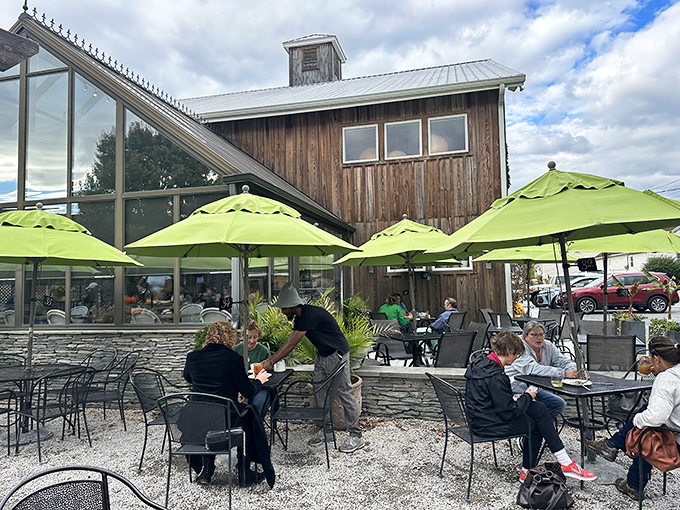 Outdoor dining under lime-green umbrellas creates the perfect backdrop for both people-watching and food-worshipping in equal measure.
