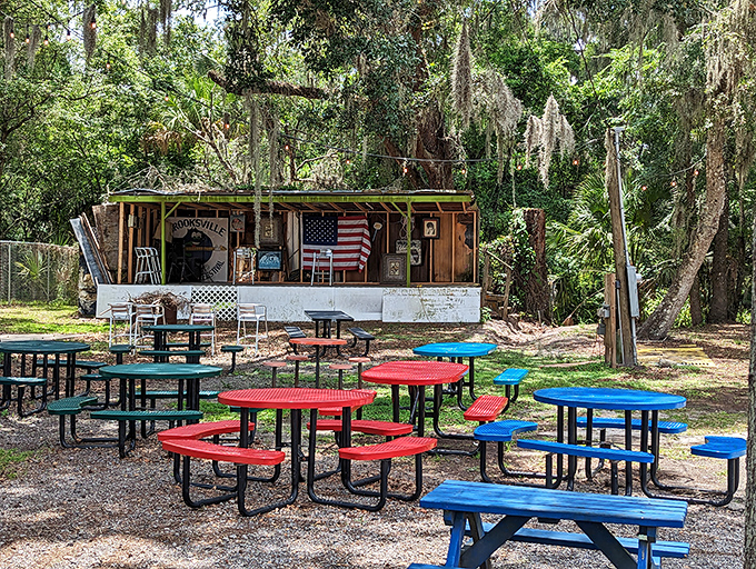 Nature provides the perfect backdrop for outdoor dining. These colorful picnic tables invite you to enjoy your dog in dappled sunshine.