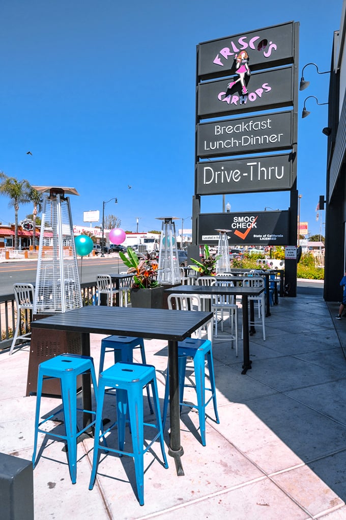 Outdoor seating that captures California's perfect weather privilege, complete with heat lamps for those "chilly" 65-degree evenings locals consider winter.