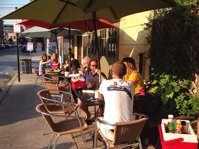 Sidewalk dining that captures Philly's neighborhood vibe perfectly. Those colorful umbrellas create little islands of breakfast bliss on sunny mornings.