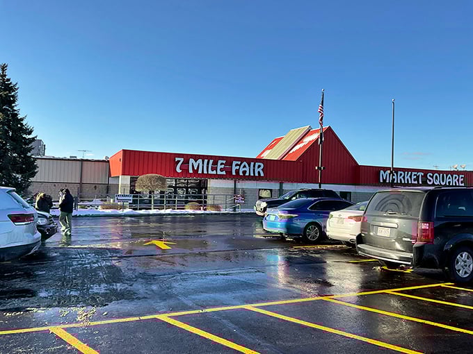 Even on a rain-slicked winter day, the 7 Mile Fair's parking lot fills with devoted shoppers who know treasures await inside those iconic red walls.