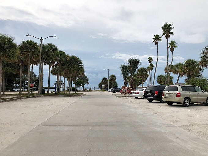 The approach to paradise is deliberately understated. Like the unmarked door to a speakeasy, this parking area keeps the best secrets for those in the know.