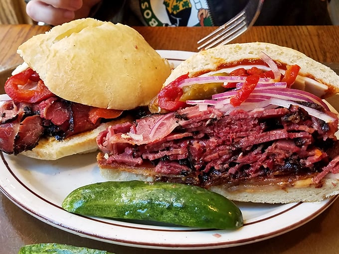 This isn't just a pastrami sandwich&mdash;it's a monument to meat. The pink-hued layers stack like geological strata of deliciousness.