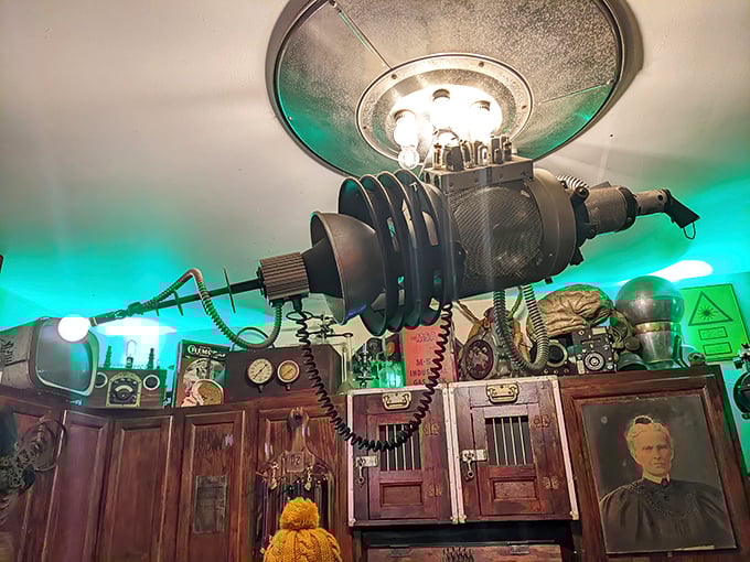 Part sci-fi movie prop, part mad scientist creation, this ceiling-mounted contraption watches over visitors like a mechanical guardian from another era.