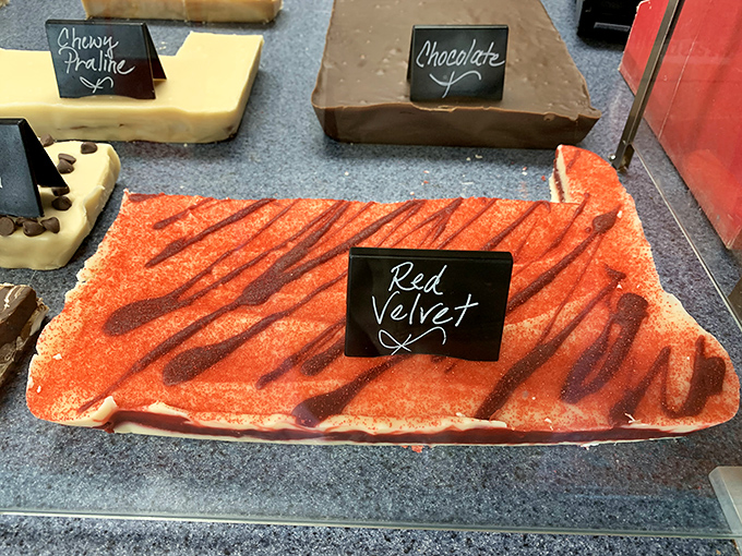Red Velvet fudge so vibrant it could double as a paint swatch called "Louisiana Sunset" at your local hardware store.