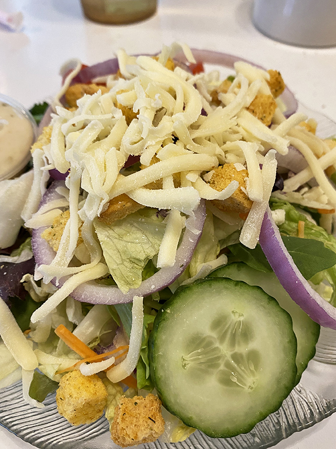 A garden on your plate &ndash; this salad delivers crisp freshness topped with a snowfall of cheese that turns healthy intentions into actual enjoyment.