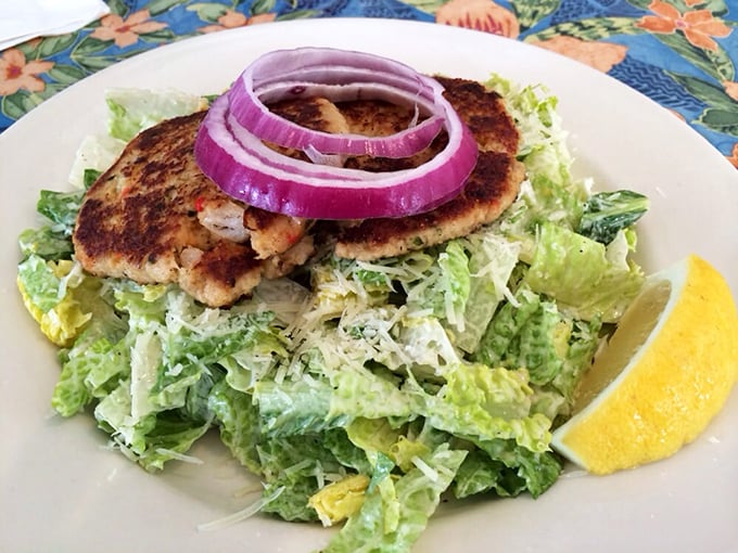 A salad that doesn't apologize for being healthy. That salmon patty on top is the crown jewel of this leafy kingdom.