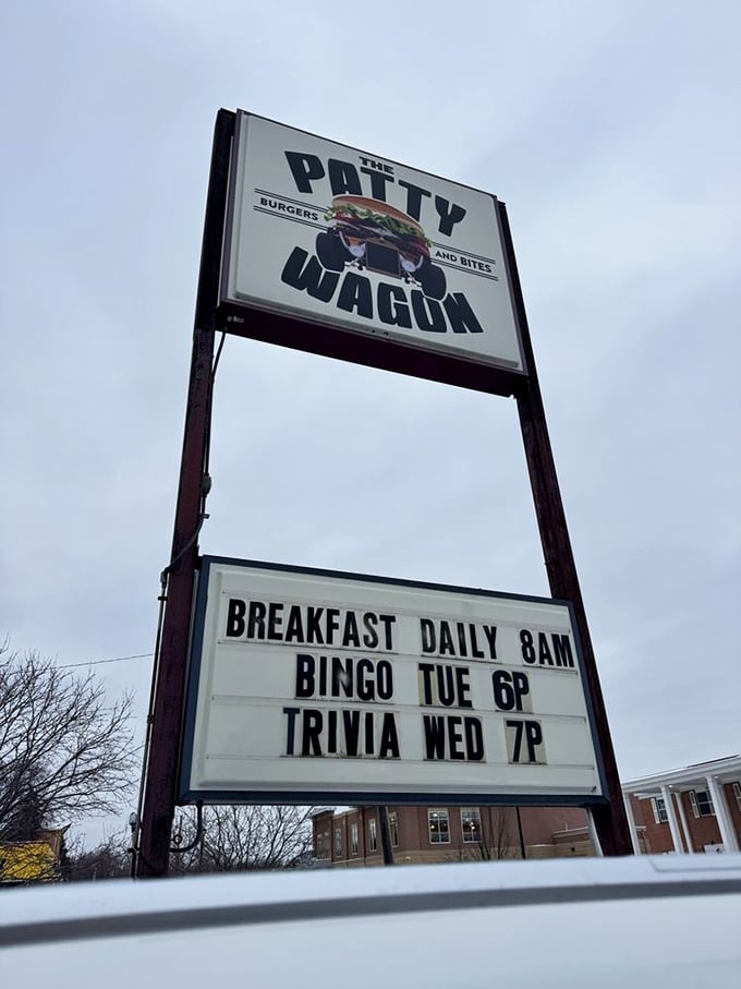 The roadside sign announces breakfast, bingo, and trivia—a trifecta of Minnesota pleasures that pairs perfectly with their comfort food.