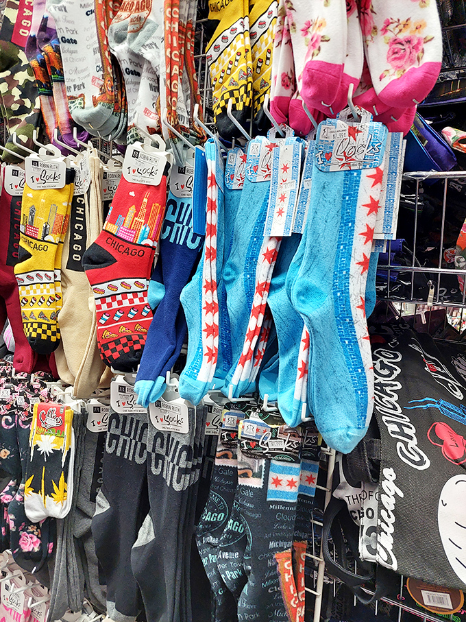 Chicago-themed socks that let your feet show civic pride while the rest of you maintains professional decorum.