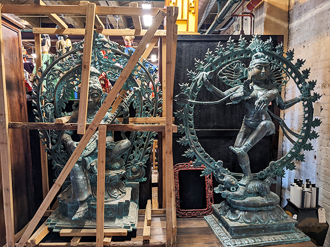 These ornate statues didn't get the memo that they're not in a temple anymore. The craftsmanship makes you wonder how they ended up in Milwaukee.