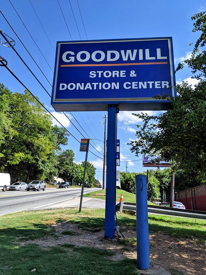 The beacon of bargains stands tall against Georgia's blue sky, guiding thrift enthusiasts to their happy place.