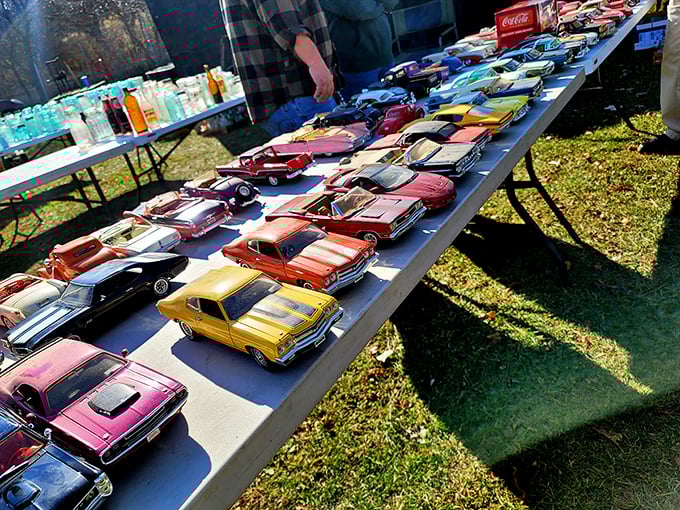 Miniature automotive history lines this table! Each die-cast car represents American design evolution, from tail-finned classics to muscle car legends.