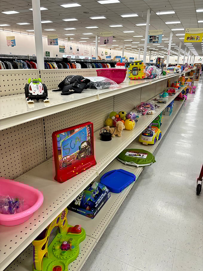 The toy section offers nostalgic treasures alongside modern classics, all waiting for second chances with new imaginative owners.