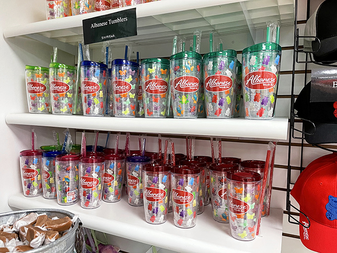 Albanese tumblers &ndash; because sometimes you need to drink something while plotting your next candy acquisition.