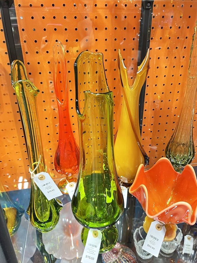 Colorful glass vases that catch light like captured rainbows, proving beautiful doesn't have to mean expensive.