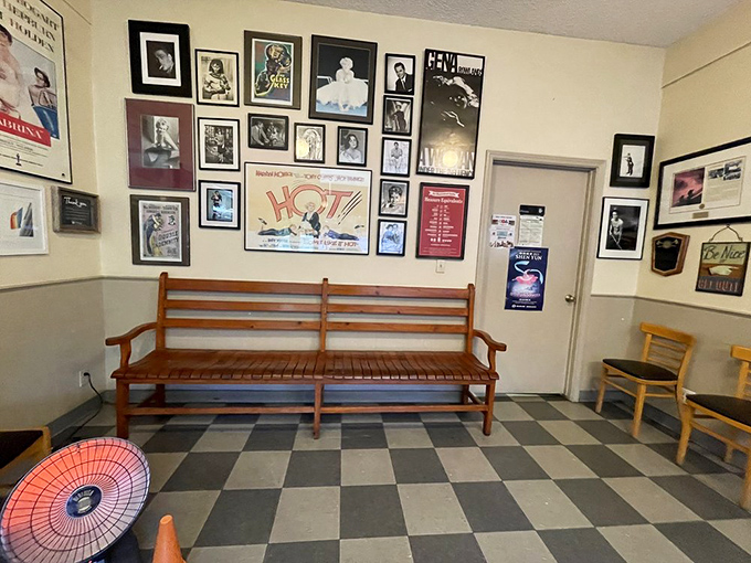 The waiting area's walls showcase Hollywood history, while the wooden bench has supported generations of hungry breakfast enthusiasts.