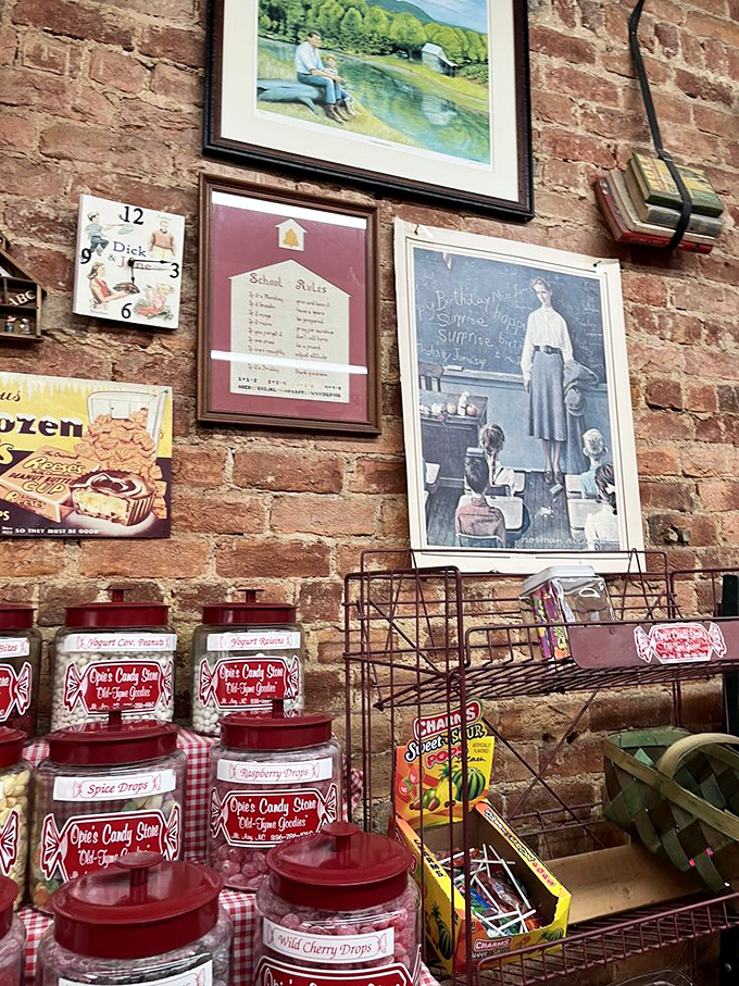 The exposed brick wall gallery showcases Americana at its finest. Norman Rockwell would feel right at home among these nostalgic treasures.