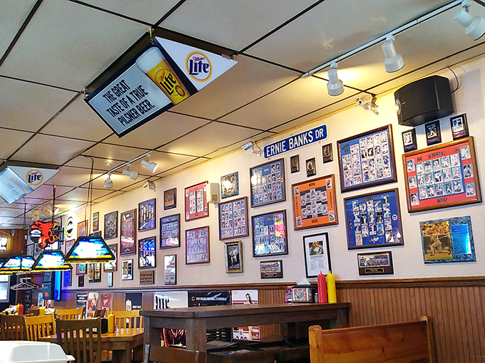 The wall of Chicago sports memorabilia serves as both decoration and conversation starter. Cubs fans, you've found your rural outpost.