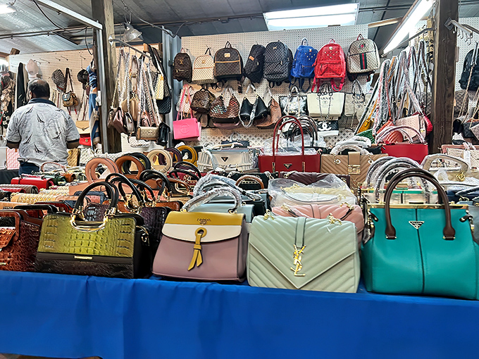 Handbag heaven indeed this colorful display makes it nearly impossible to leave with just one.