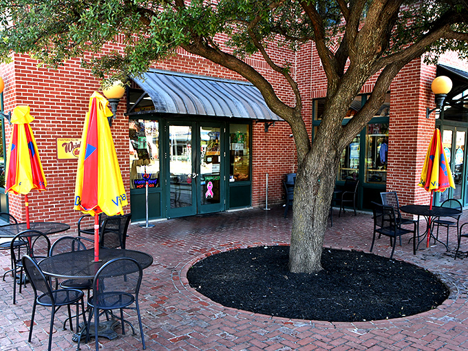 The charming outdoor seating area offers a perfect spot to savor your sandwich while people-watching in historic downtown Grapevine. 