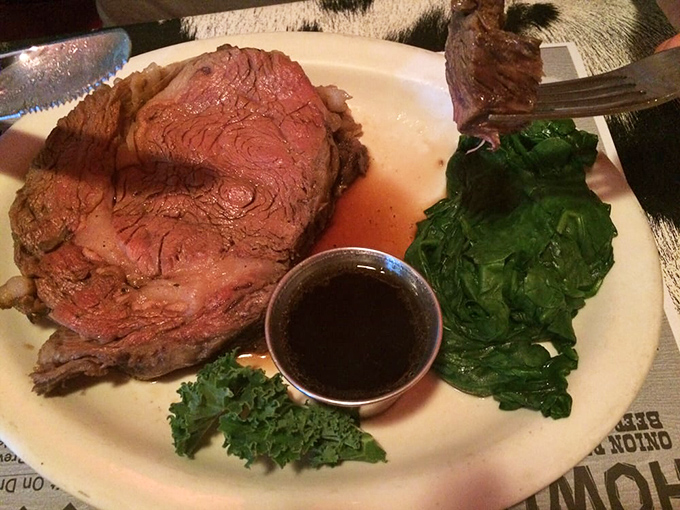 Prime rib cooked to that perfect shade of pink, accompanied by vibrant spinach. This isn't just dinner&mdash;it's edible evidence that sometimes the old ways are still the best ways.