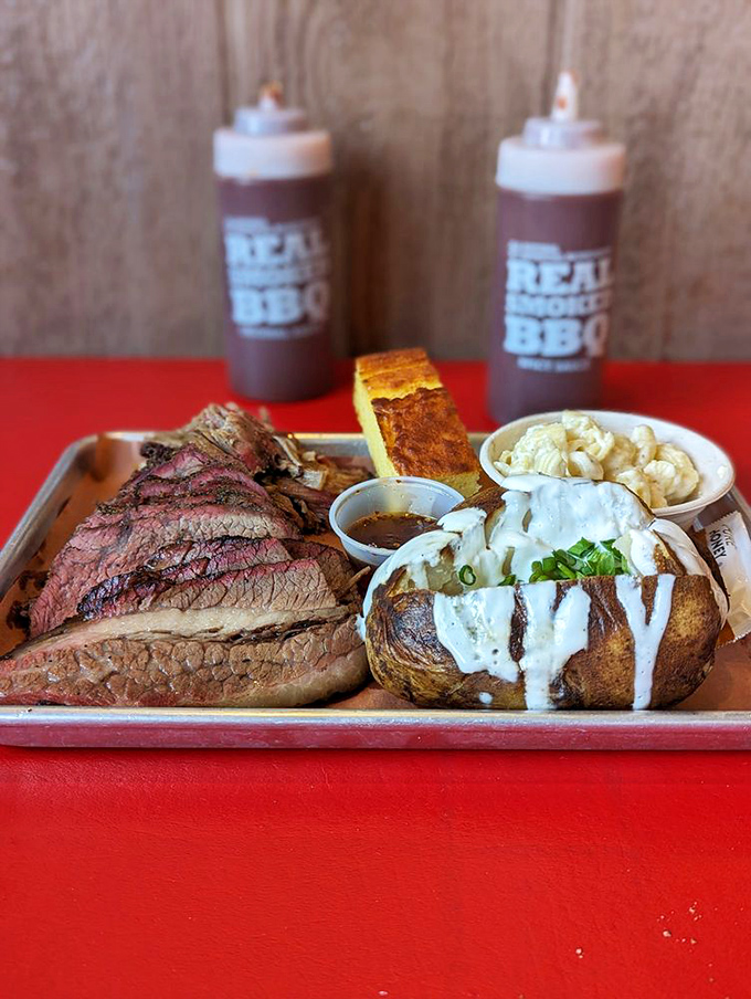 Not just a meal, but a monument to meat mastery. This tray of brisket and sides is California barbecue's finest ambassador.