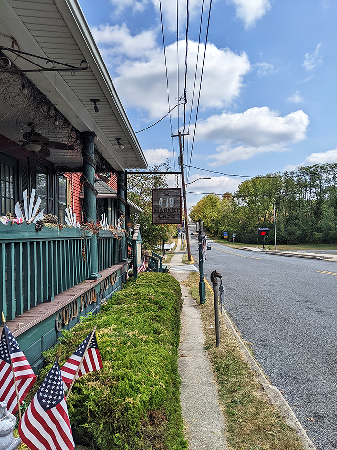 The 419 Market Cafe's patriotic display reminds visitors that in small-town America, community pride comes standard with your morning coffee.
