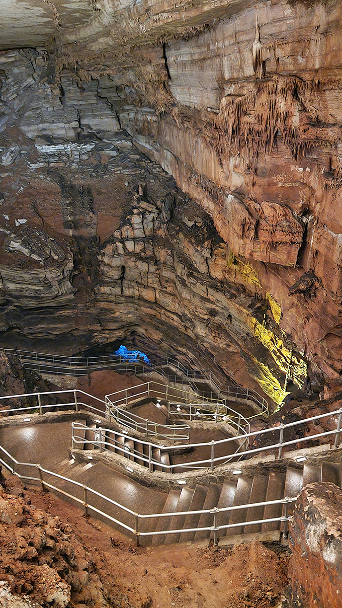 Stairway to wonder: these zigzagging paths lead visitors 200 feet below the surface into chambers that could house small neighborhoods.