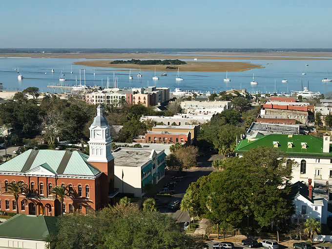 From above, Fernandina Beach reveals its perfect positioning between river and ocean. The historic downtown nestles against the harbor like it was always meant to be there.