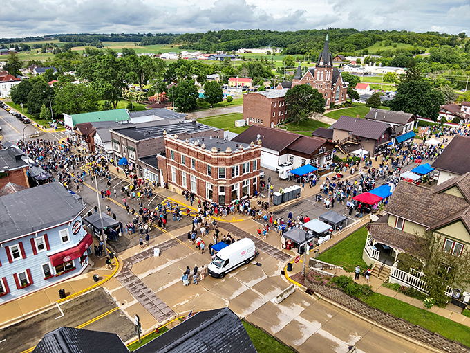 From above, New Glarus reveals itself as a perfect blend of festival energy and small-town charm &ndash; Switzerland's spirit alive in Wisconsin's heartland.