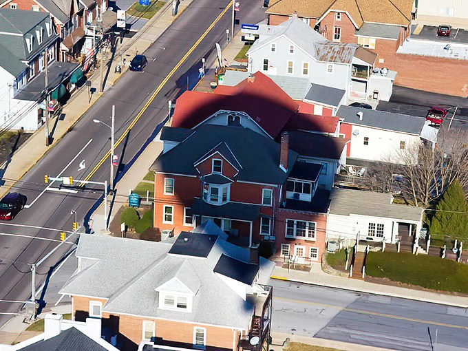 From above, New Hope reveals its perfect small-town geometry, nestled between rolling hills and the winding Delaware. Monopoly board meets masterpiece.