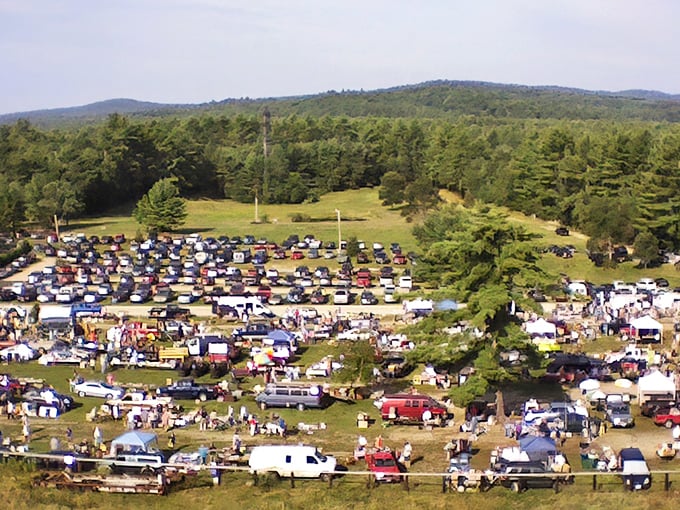 The grand scale revealed—from above, Davisville transforms into a living mosaic of vehicles, tents, and treasure-seeking humans.