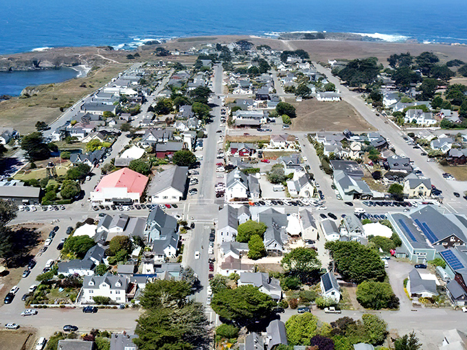 From above, Mendocino reveals its perfect positioning &ndash; a town that understood the value of ocean views before ocean views were cool.