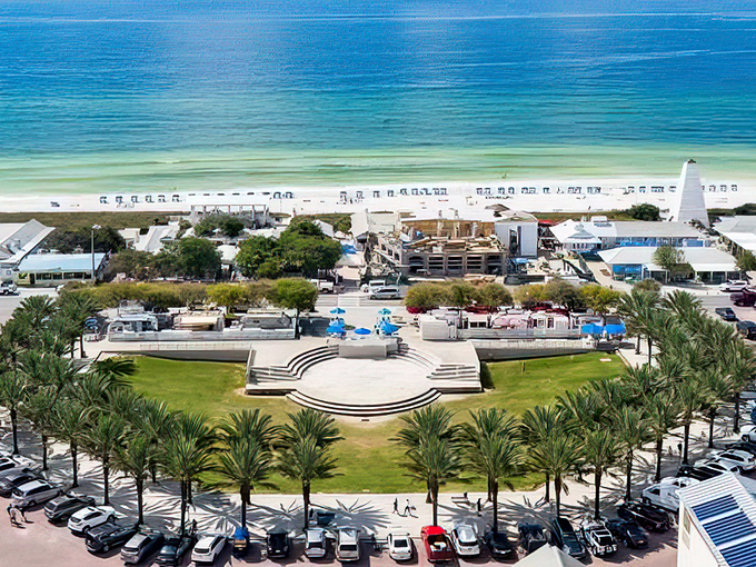 From above, Seaside's amphitheater and central green space reveal the town's genius design&mdash;a beachfront community built for connection.