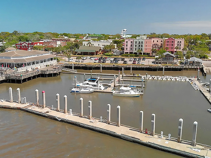 From above, the marina reveals itself as the nautical heart of Fernandina Beach, where boats bob like comma marks in nature's perfect paragraph.