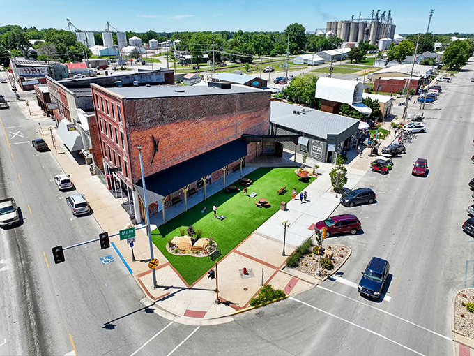 Bird's eye beauty &ndash; Casey's downtown area shows off its small-town grid system, where giant attractions nestle between historic brick buildings.