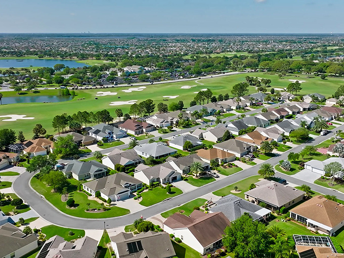 From above, modern Florida sprawls with geometric precision, a stark contrast to Micanopy's organic, history-shaped layout just beyond the frame. 