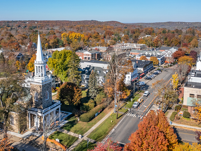 From above, Ridgefield reveals its perfect balance of nature and civilization&mdash;where church steeples and autumn foliage compete for who can be more photogenic.