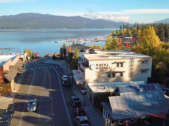 Bird's eye perfection &ndash; Hotel McCall stands sentinel over Payette Lake, where mountains meet water in a landscape that refuses to be ordinary.