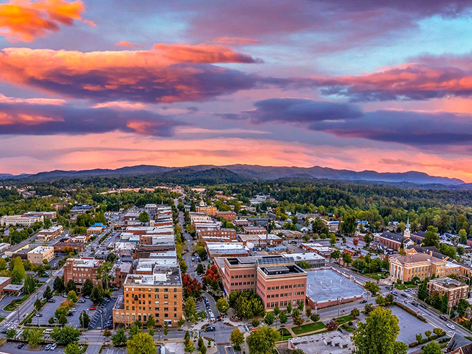 From above, Hendersonville reveals itself as a perfect grid of small-town life surrounded by the protective embrace of the Blue Ridge Mountains.
