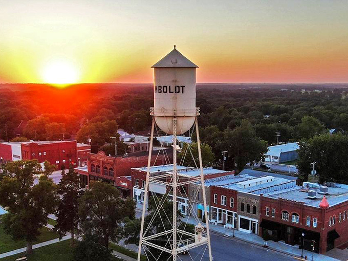 From above, Humboldt reveals its perfect small-town geometry&mdash;brick buildings, tree-lined streets, and that ever-present water tower standing sentinel over it all.